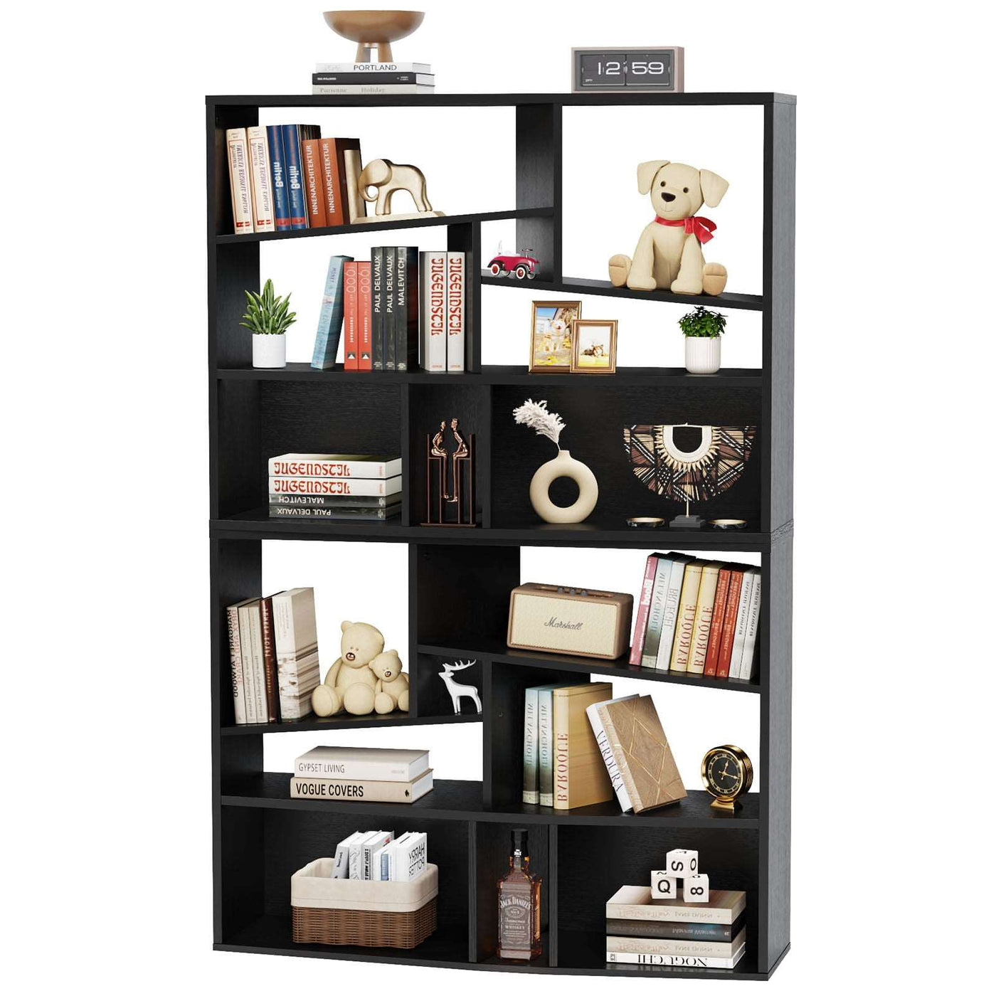Black modern Bookshelf - Irregular Design Wide Bookshelf - Flycity