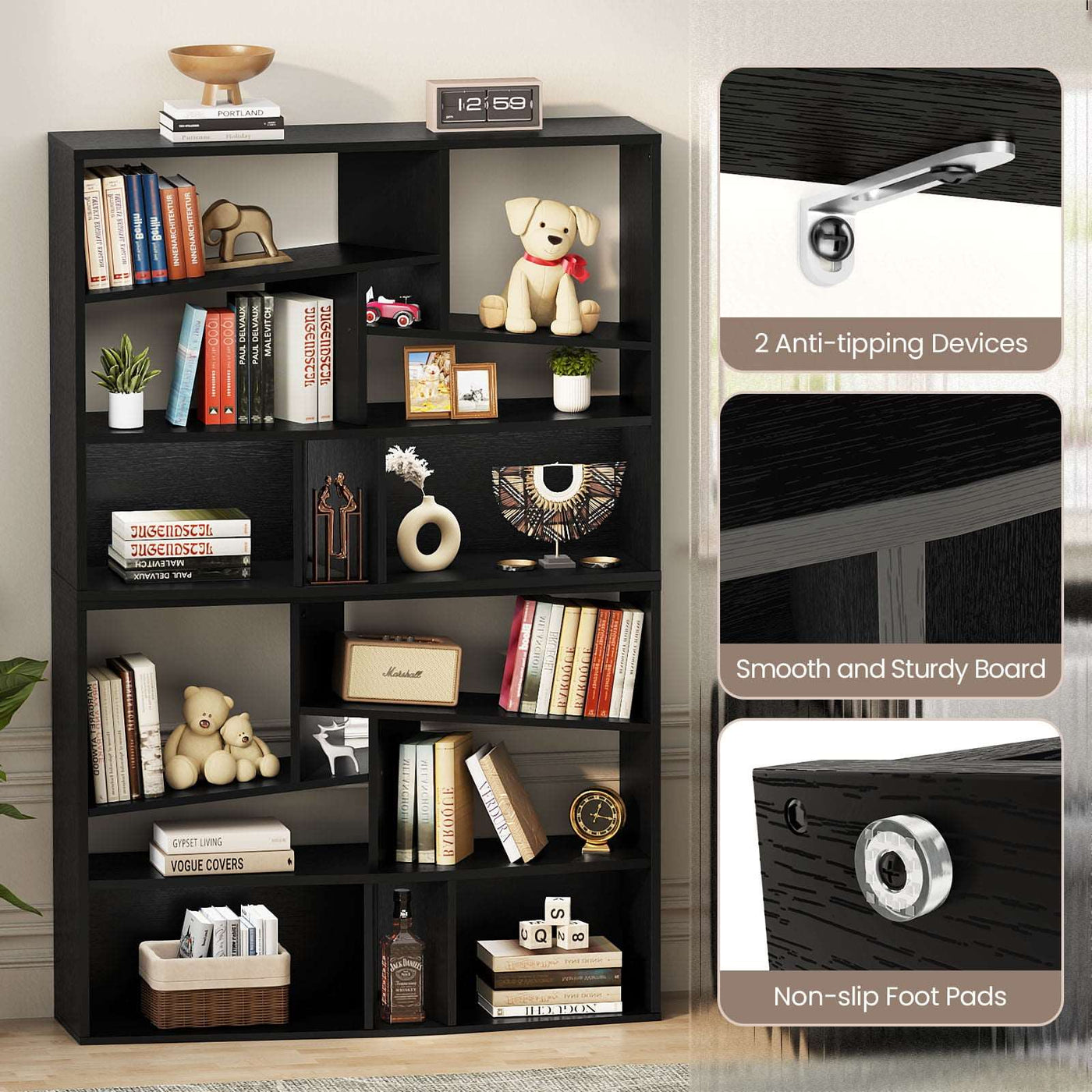 Black modern Bookshelf - Irregular Design Wide Bookshelf - Flycity