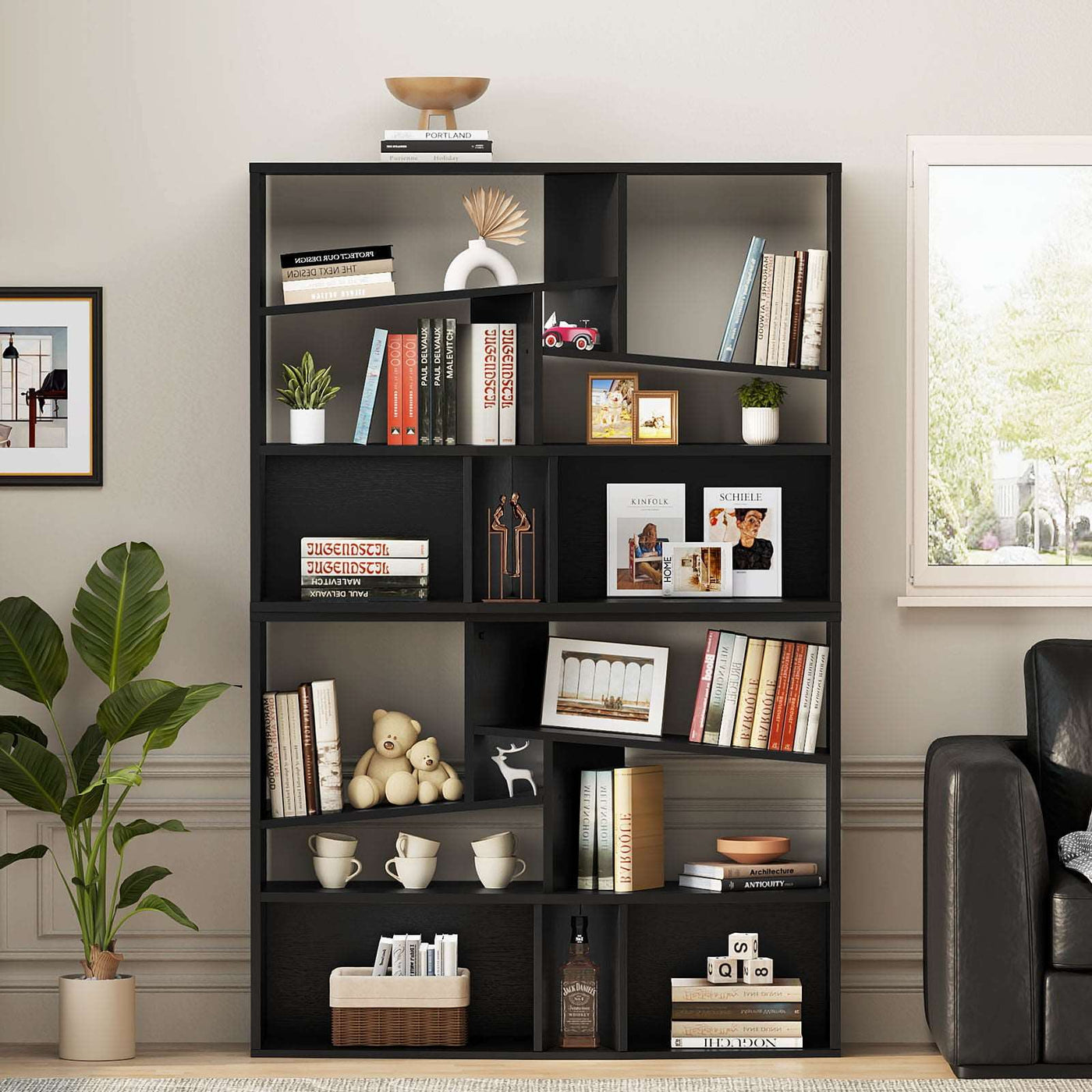 Black modern Bookshelf - Irregular Design Wide Bookshelf - Flycity