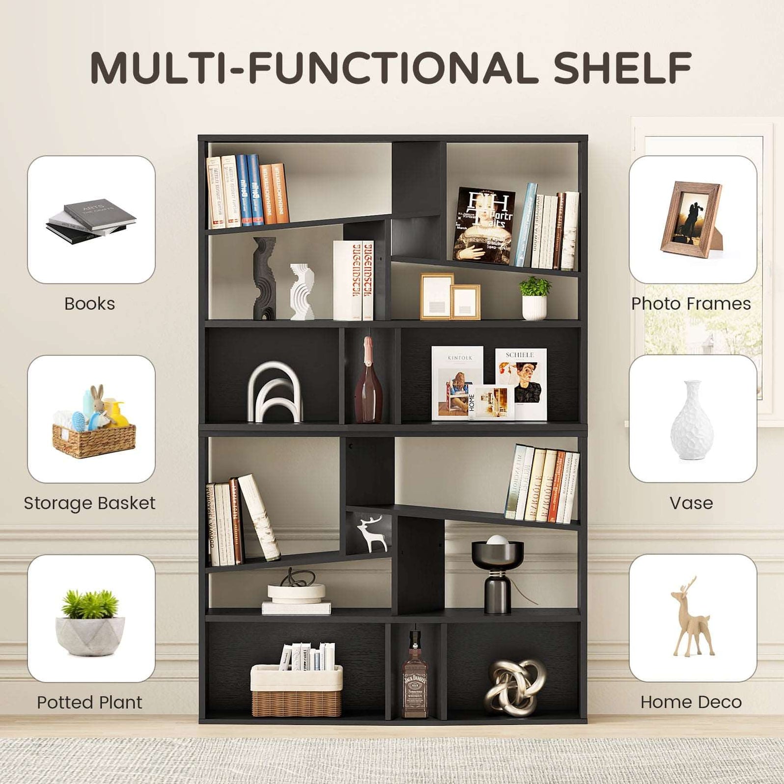 Black modern Bookshelf - Irregular Design Wide Bookshelf - Flycity