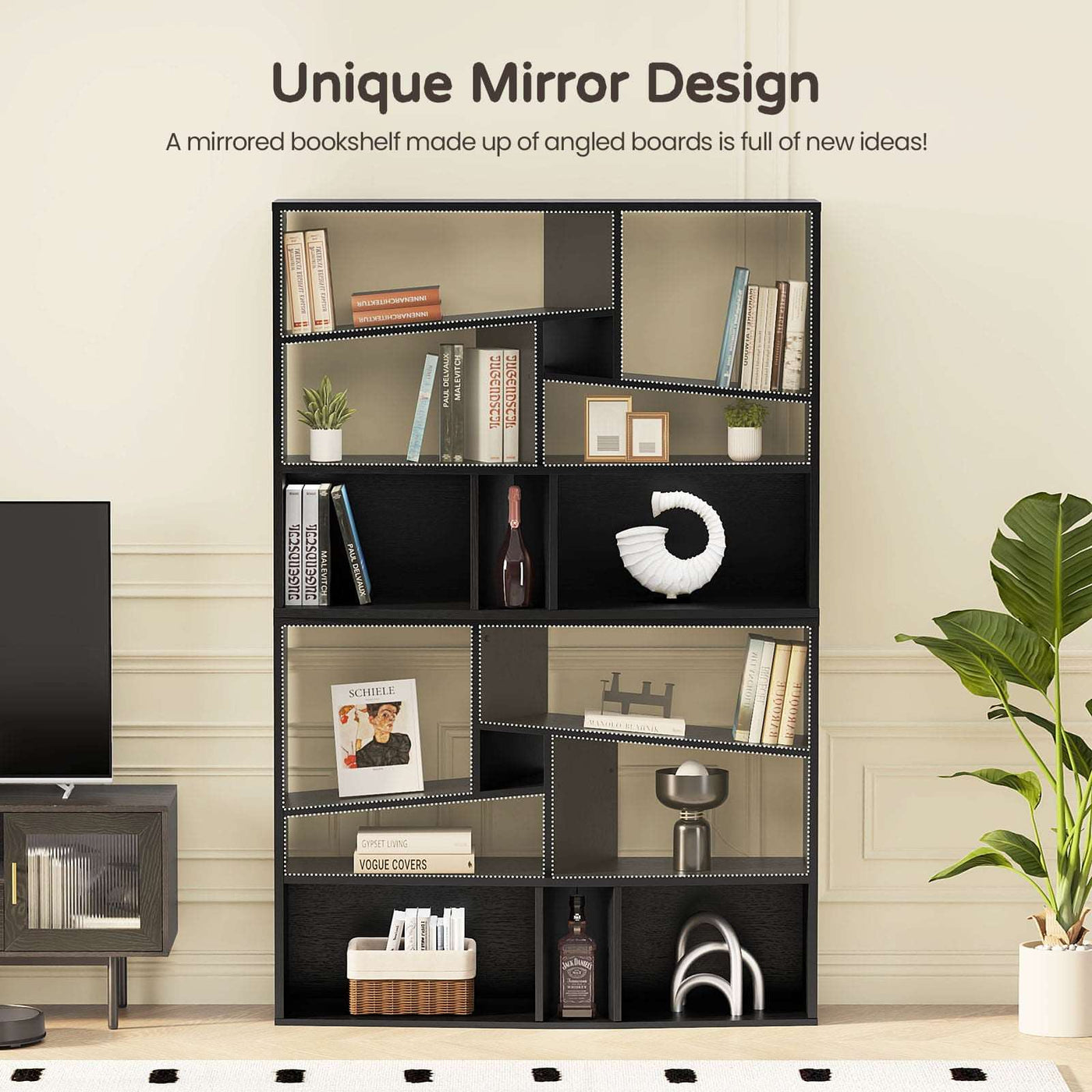 Black modern Bookshelf - Irregular Design Wide Bookshelf - Flycity