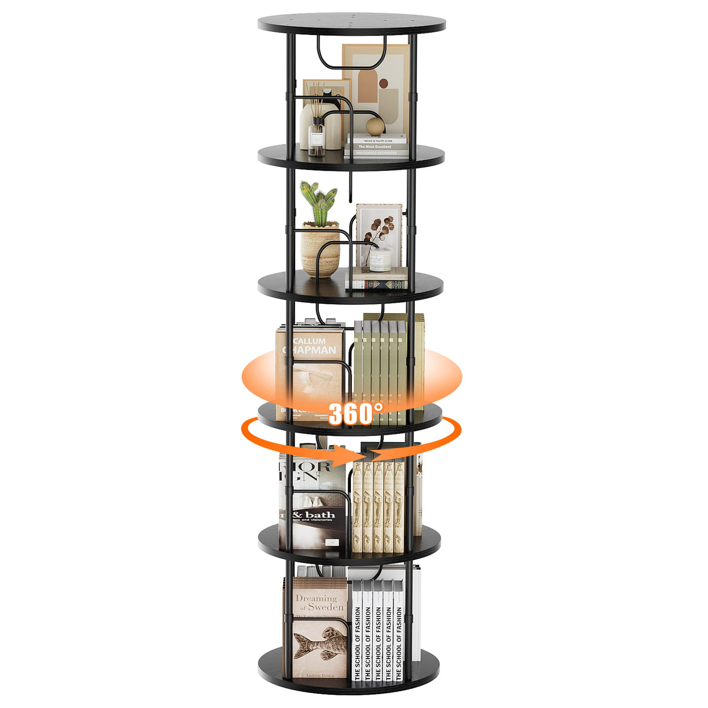 Gold 5 Tier Rotating Bookshelf - 360° Round Rotating Bookcase - Flycity