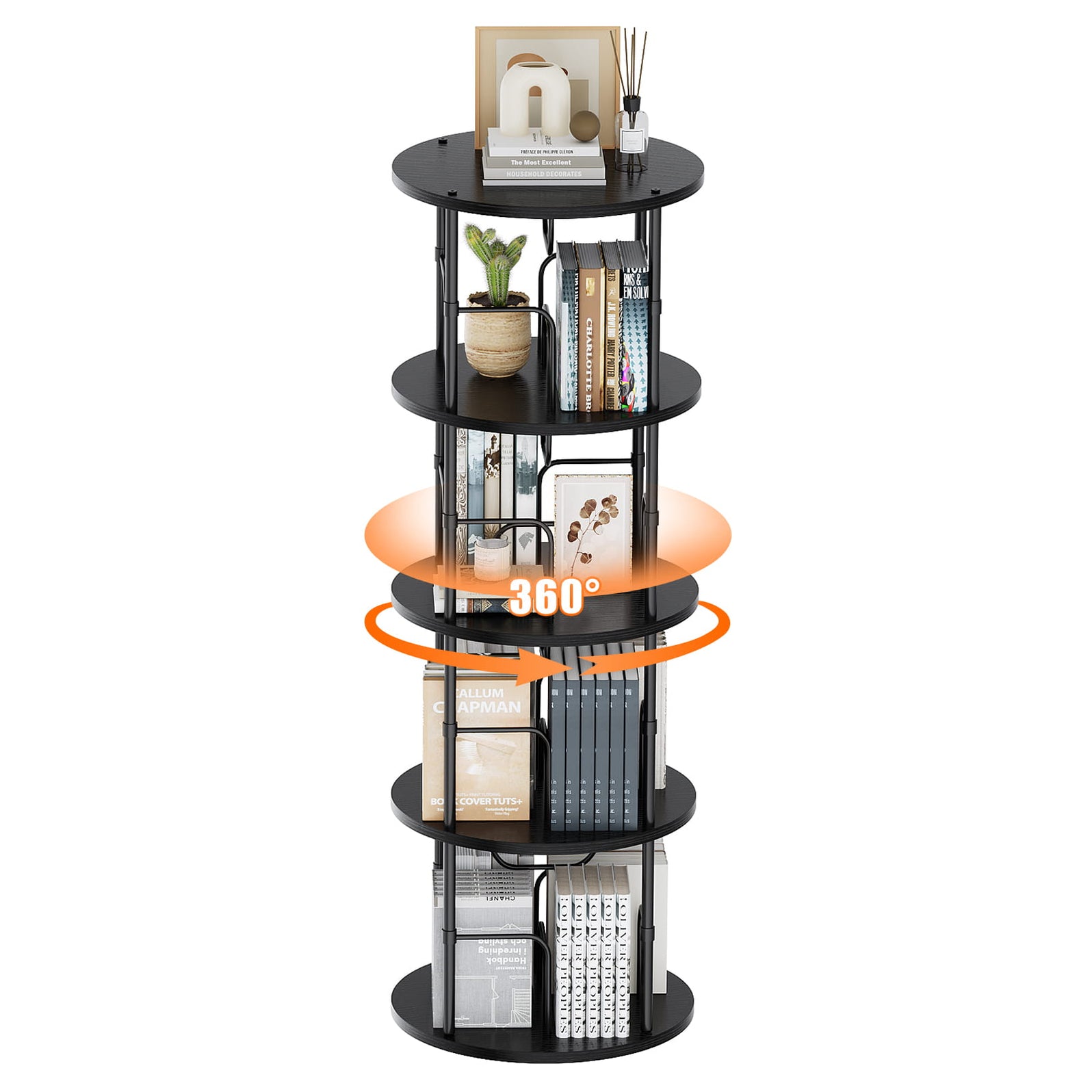 Gold 5 Tier Rotating Bookshelf - 360° Round Rotating Bookcase - Flycity