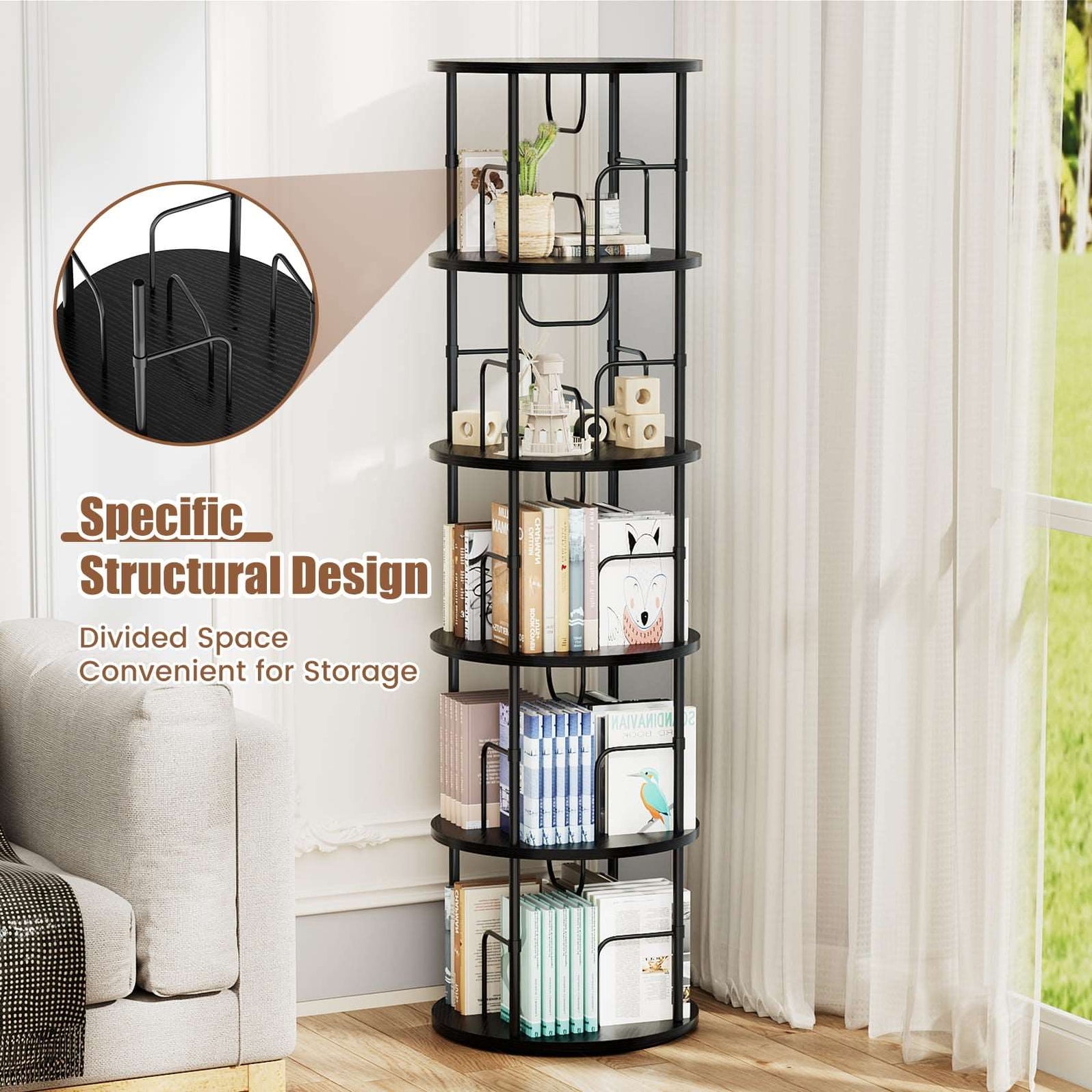 Gold 5 Tier Rotating Bookshelf - 360° Round Rotating Bookcase - Flycity
