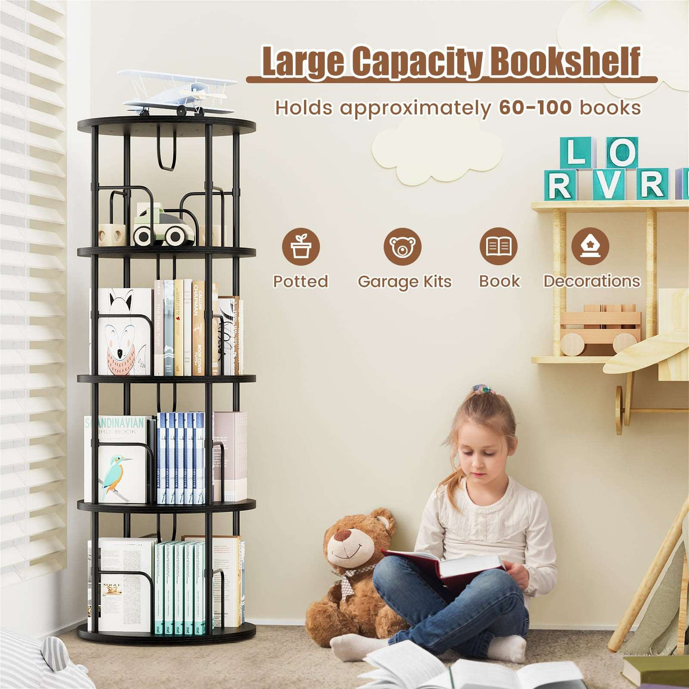 Gold 5 Tier Rotating Bookshelf - 360° Round Rotating Bookcase - Flycity