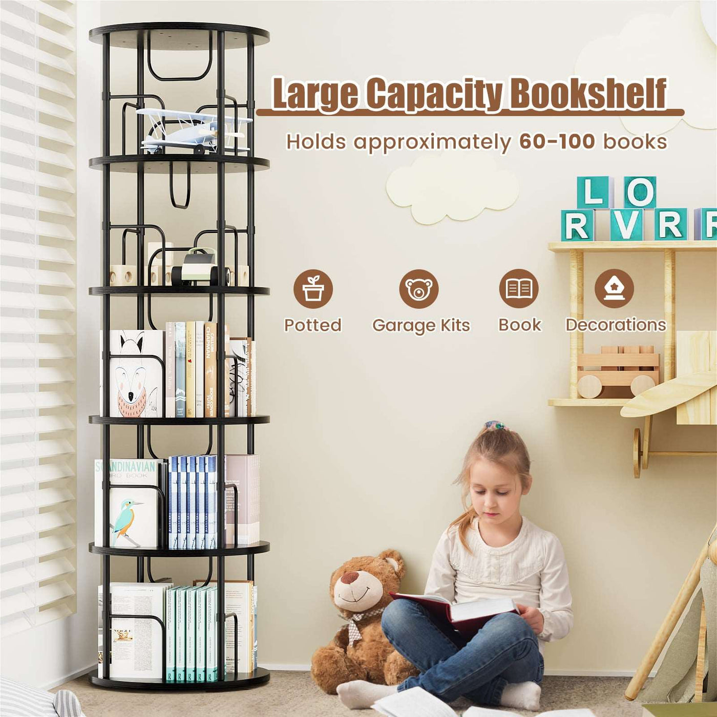 Gold 5 Tier Rotating Bookshelf - 360° Round Rotating Bookcase - Flycity