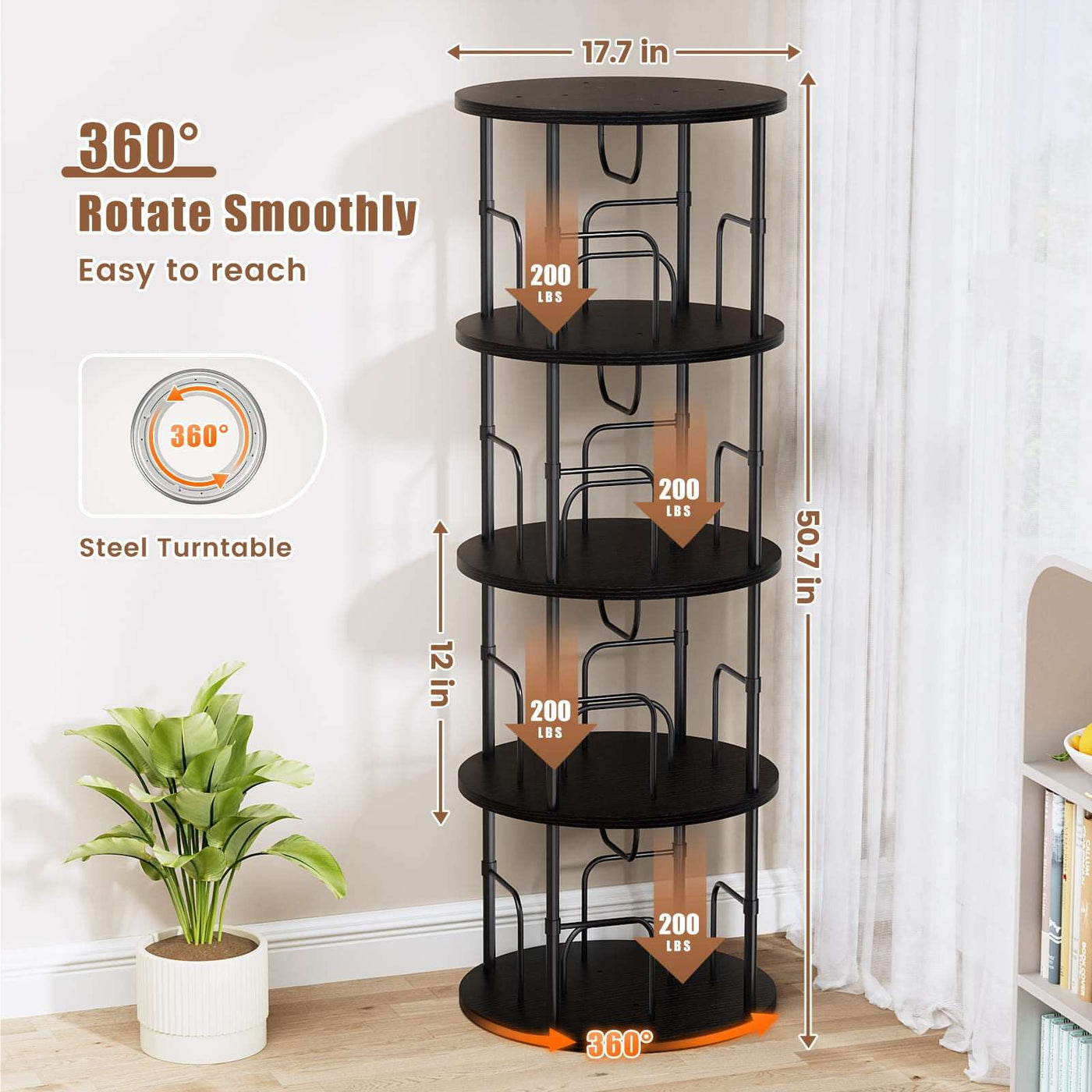 Gold 5 Tier Rotating Bookshelf - 360° Round Rotating Bookcase - Flycity