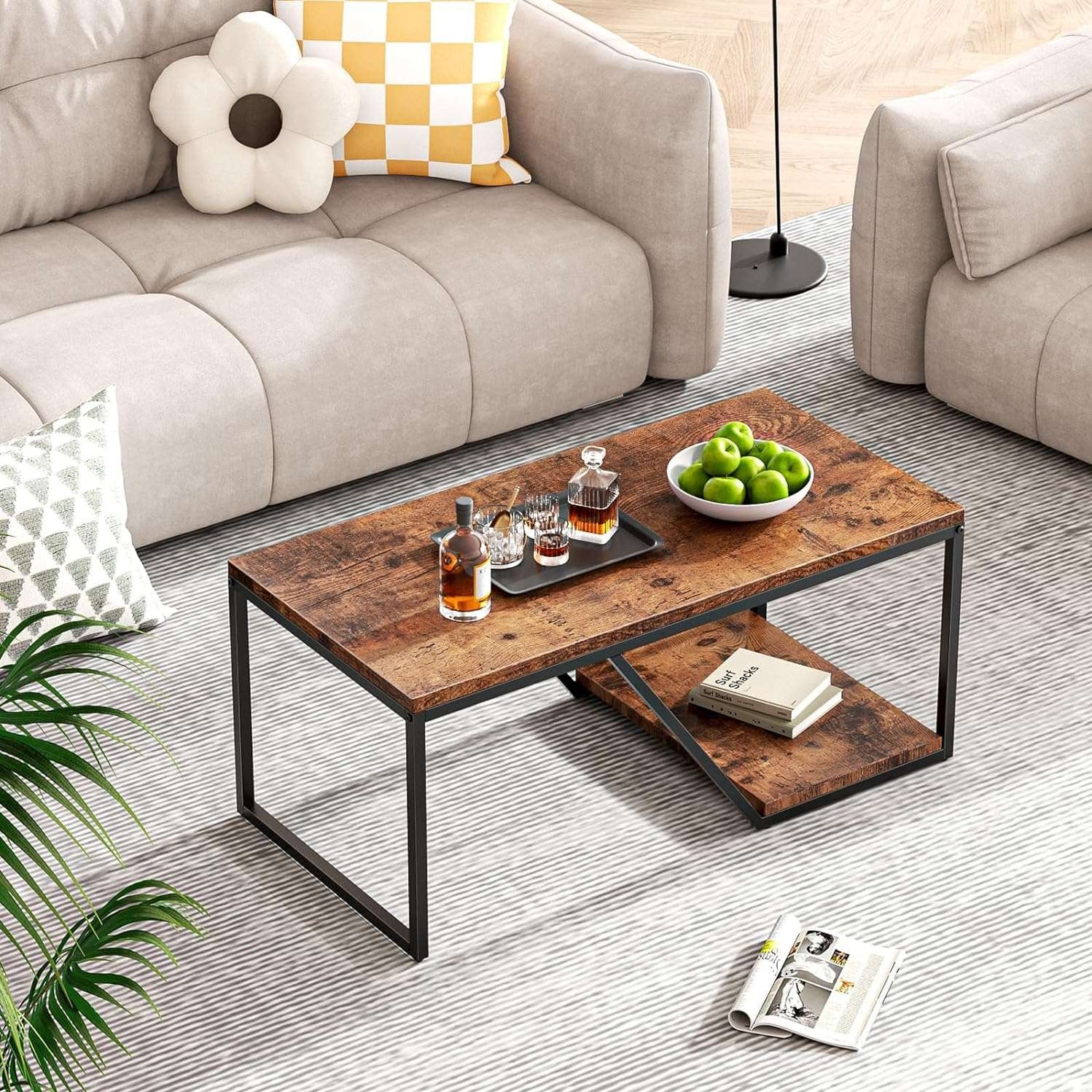 2-Tier Industrial Rectangle Rustic Coffee Table - Flycity