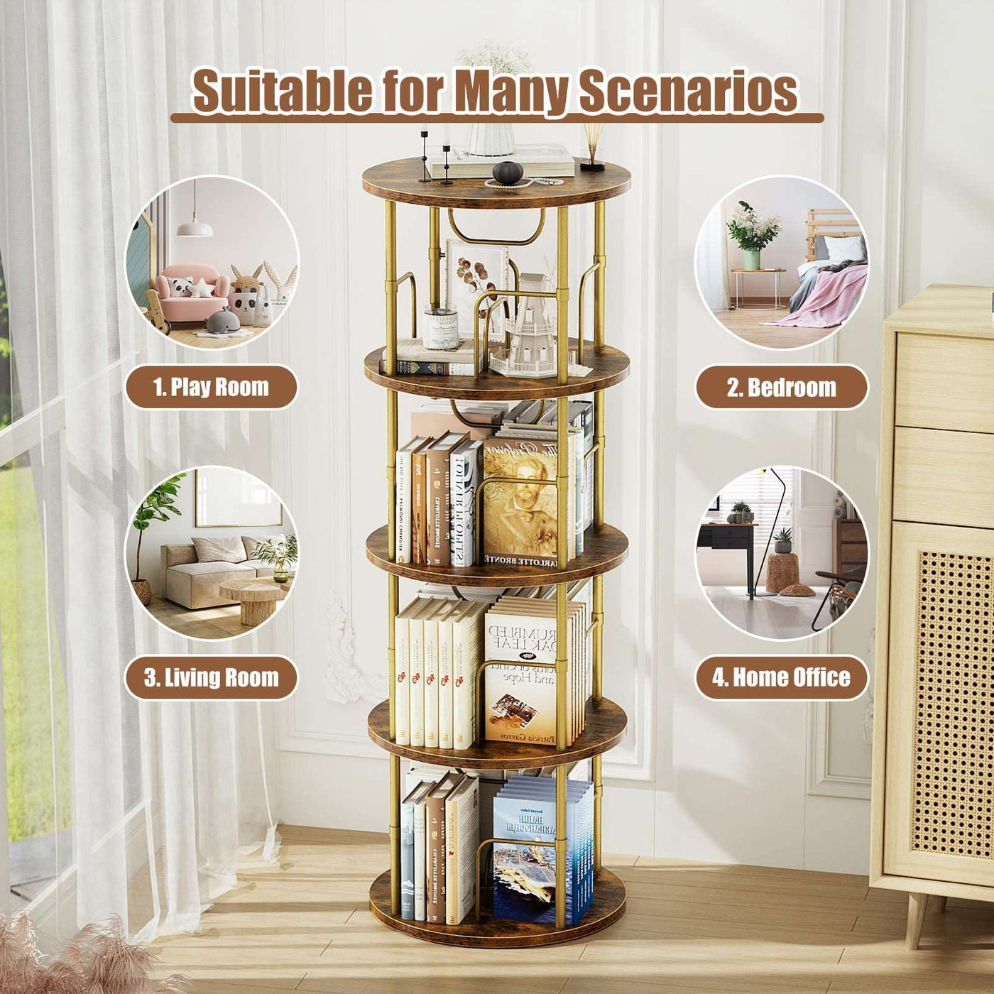 3-5 Tier Rotating Bookshelf - 360° Spinning Display - Flycity