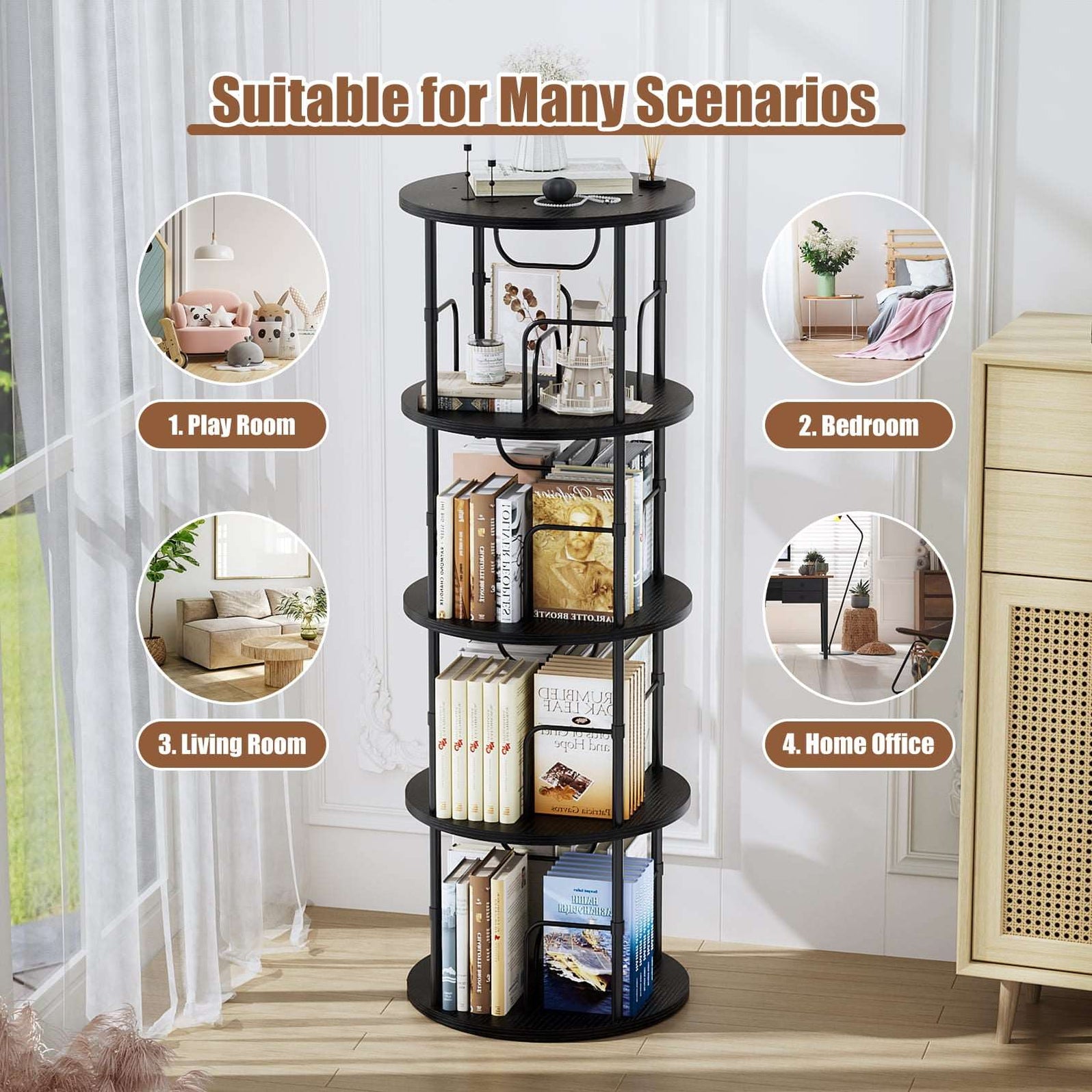 3-5 Tier Rotating Bookshelf - 360° Spinning Display - Flycity