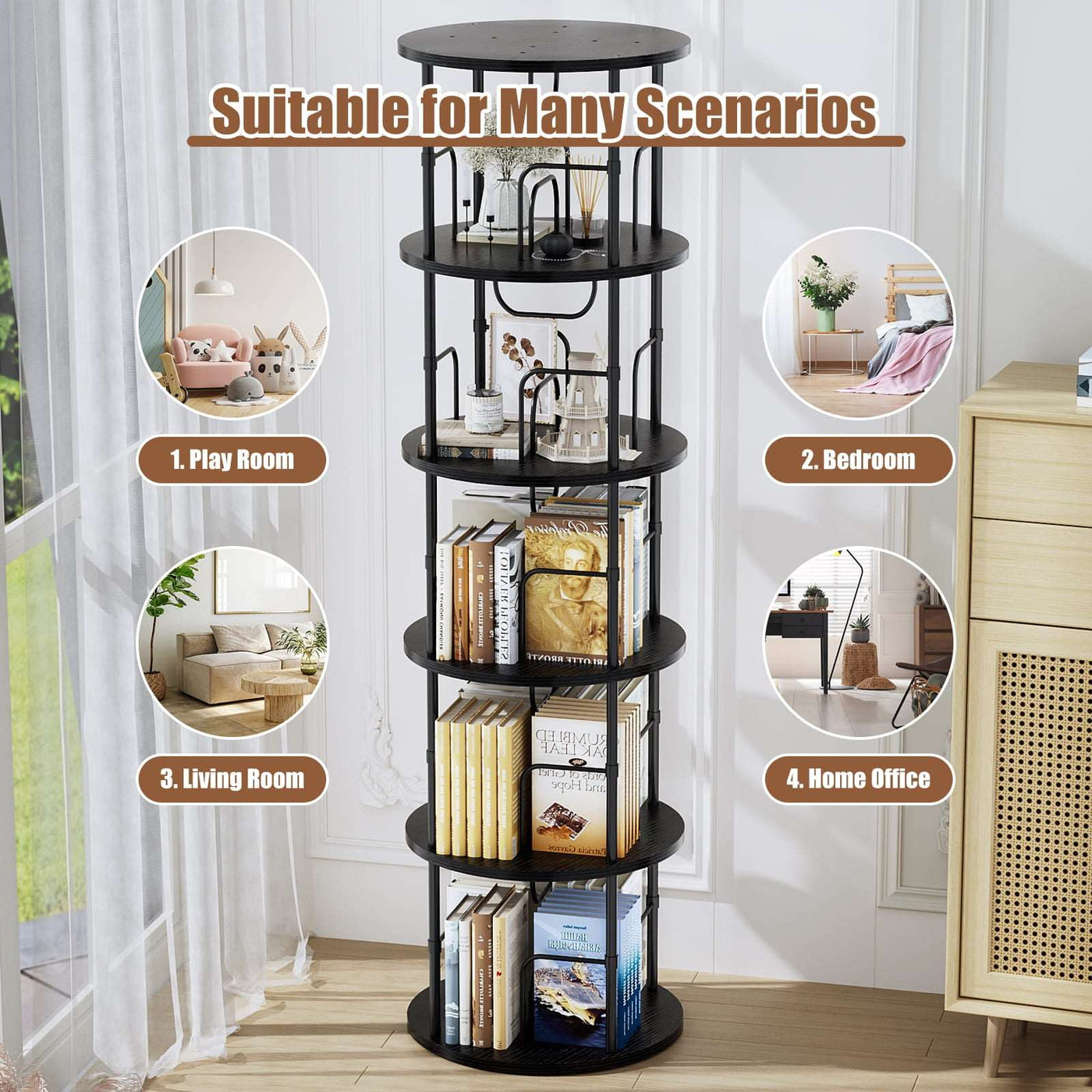 Gold 5 Tier Rotating Bookshelf - 360° Round Rotating Bookcase - Flycity