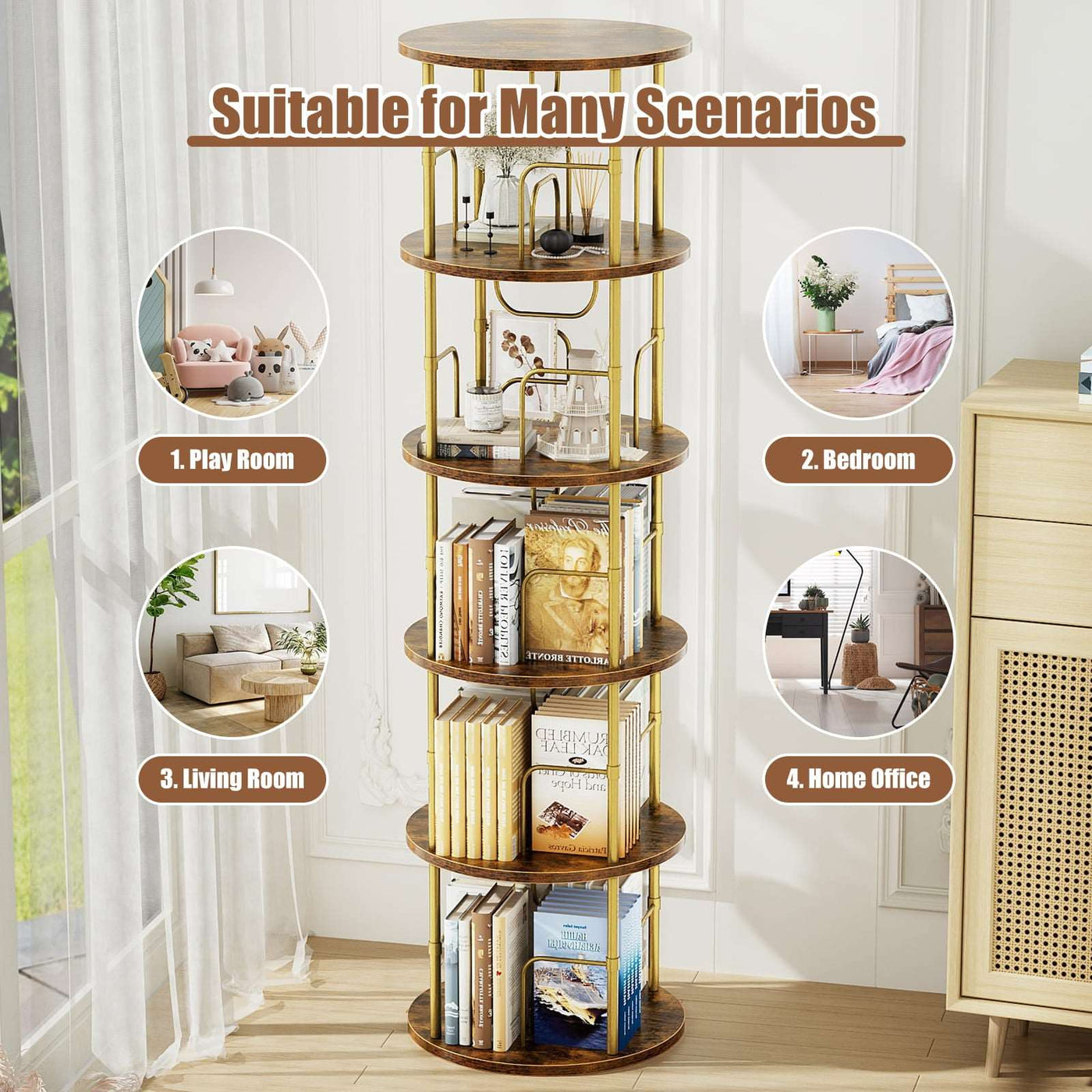 Gold 5 Tier Rotating Bookshelf - 360° Round Rotating Bookcase - Flycity