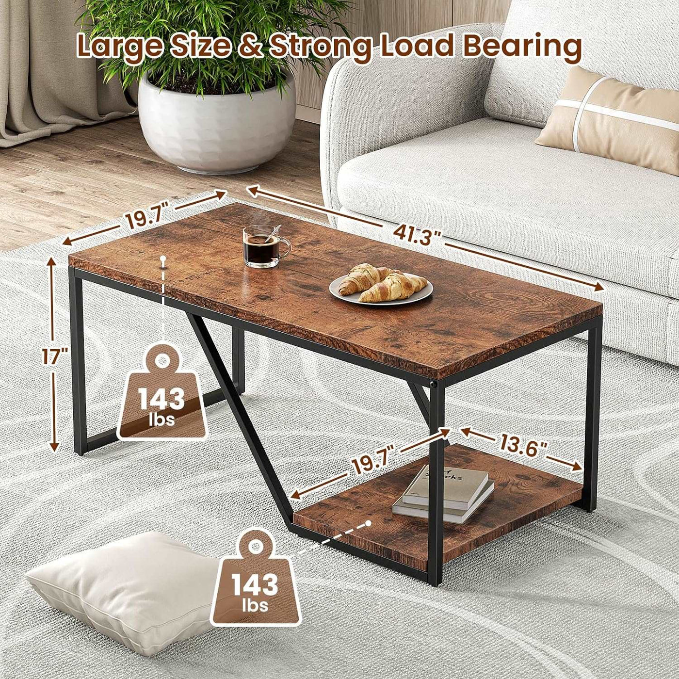2-Tier Industrial Rectangle Rustic Coffee Table - Flycity