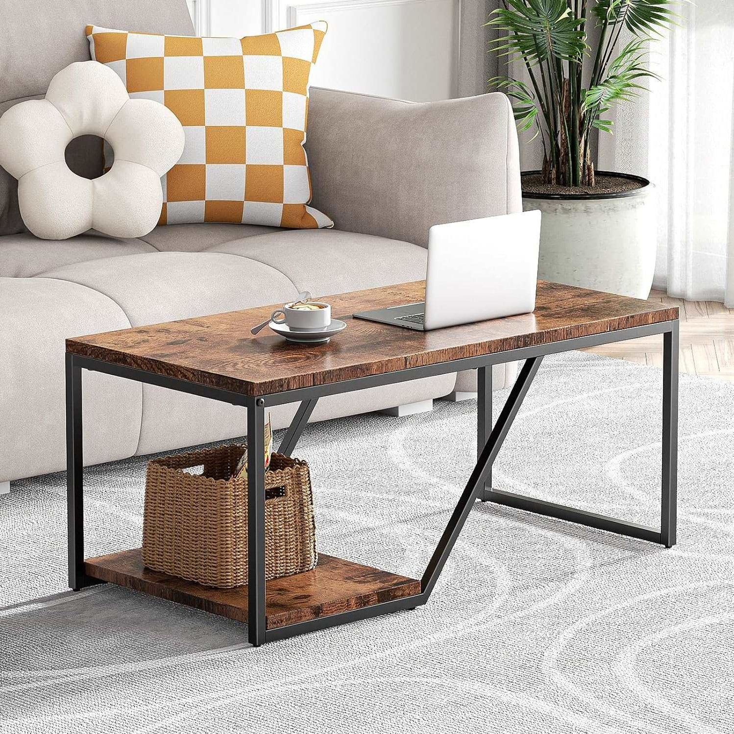 2-Tier Industrial Rectangle Rustic Coffee Table - Flycity
