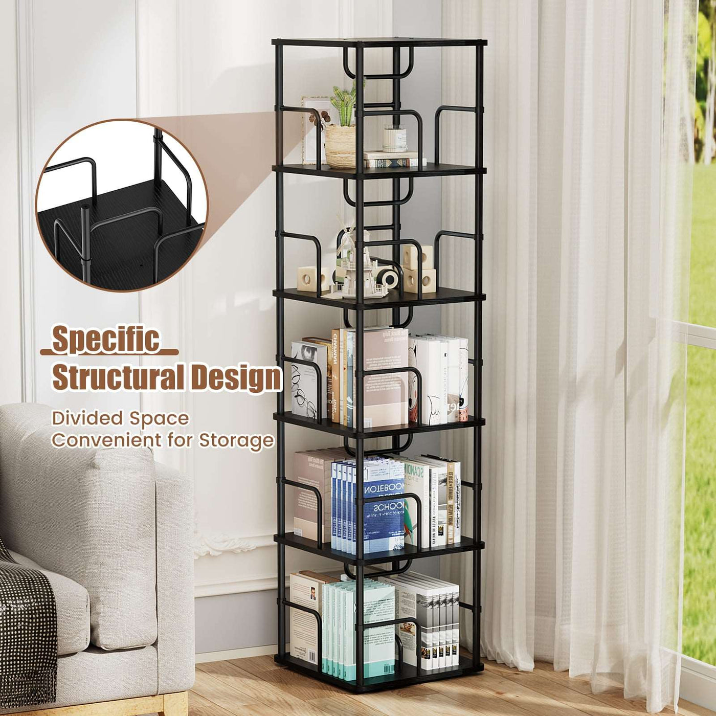 360 Rotating Bookshelf - Black Metal Shelves - Flycity
