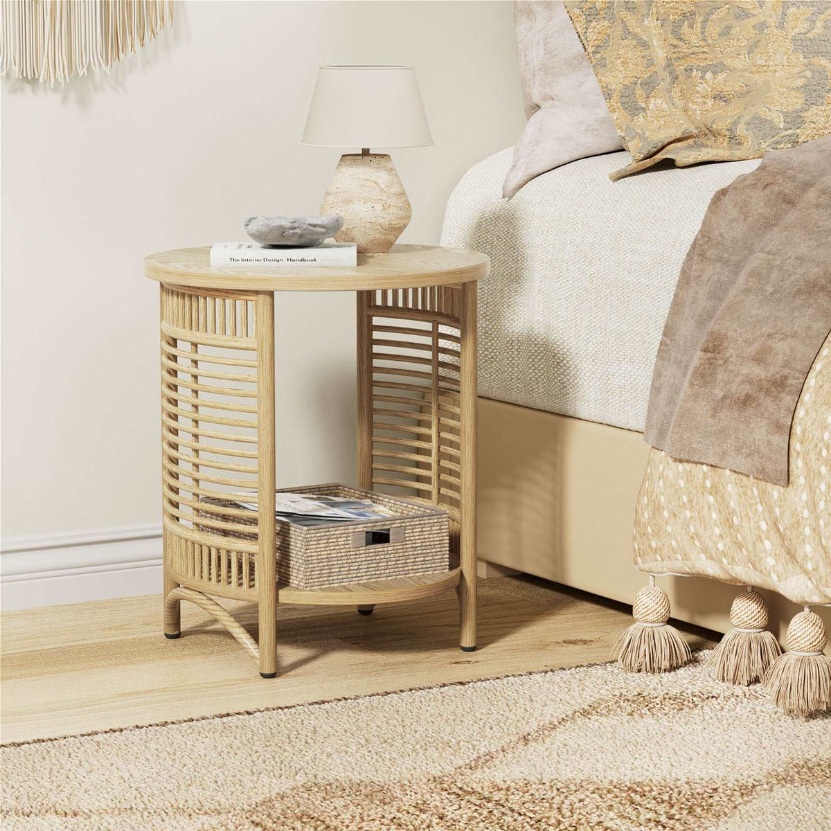 Boho Round Side Table with Storage - Flycity