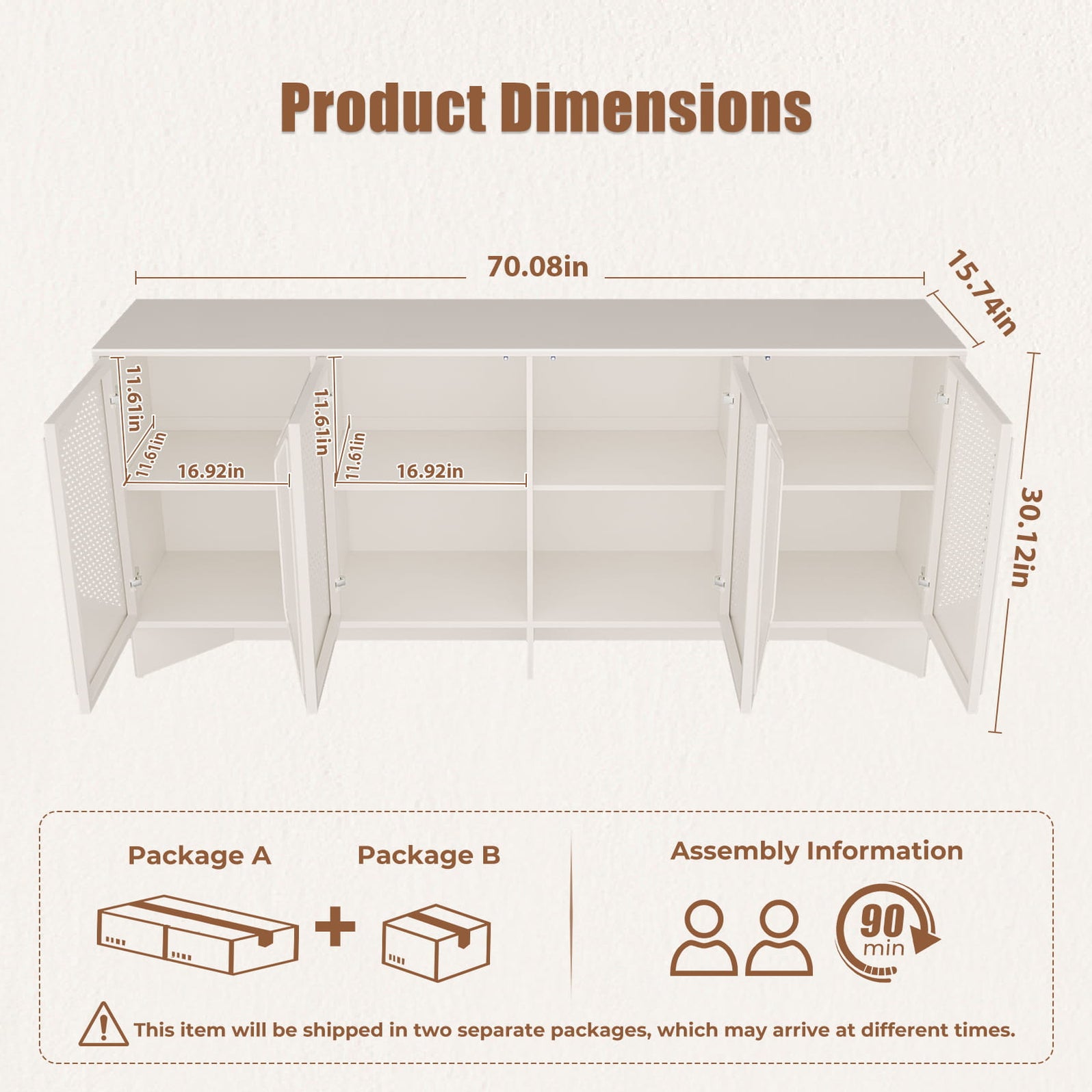 70 Inch White Sideboard Buffet Cabinet with Storage - Flycity