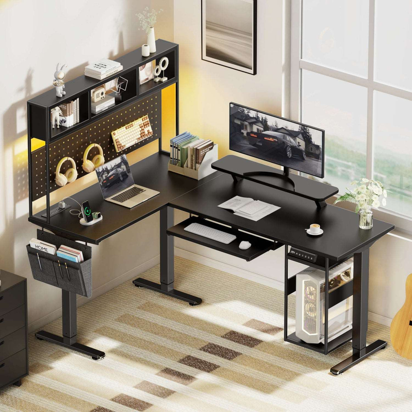 Electric L Shaped Standing Home Office Desk with Storage - Flycity