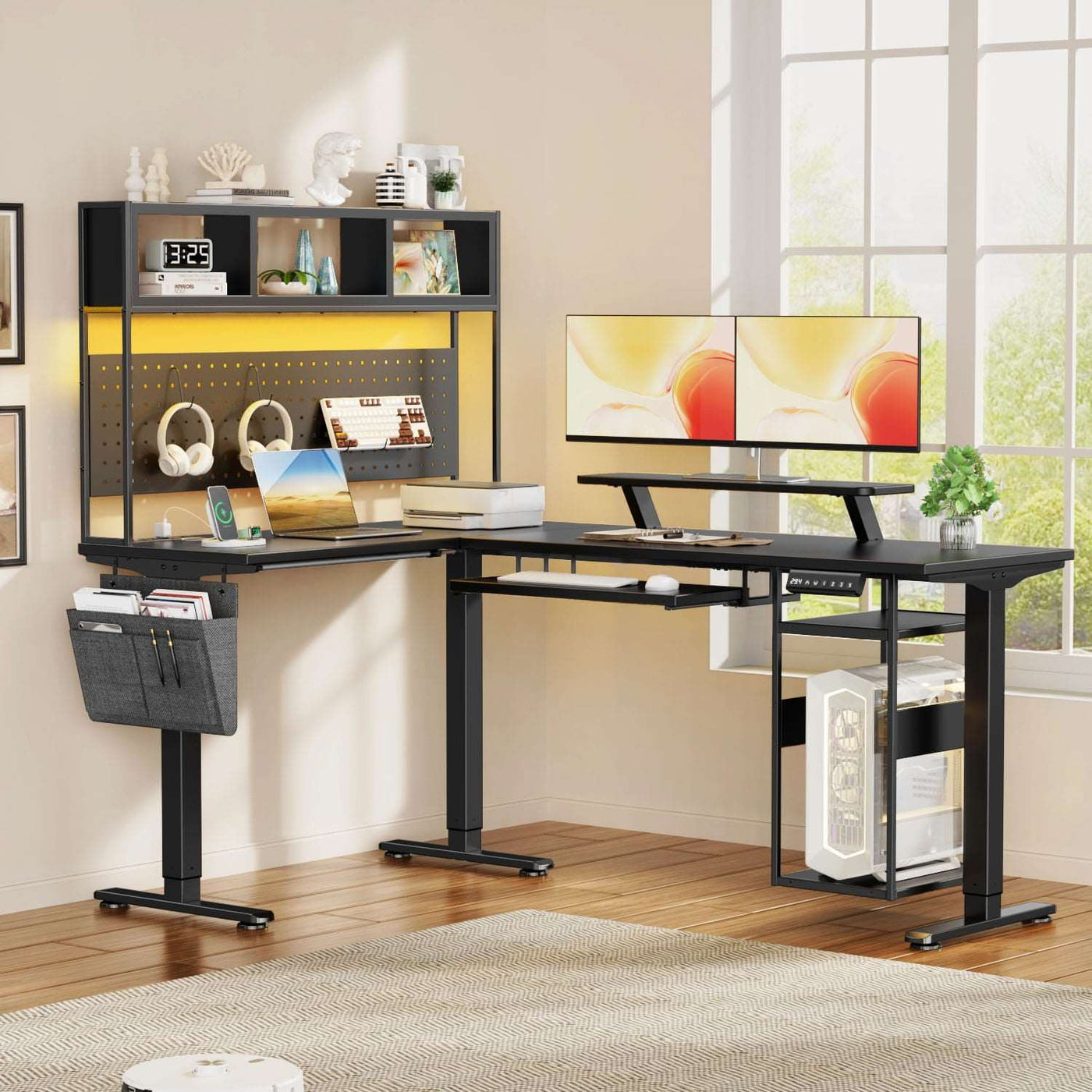 Electric L Shaped Standing Home Office Desk with Storage - Flycity