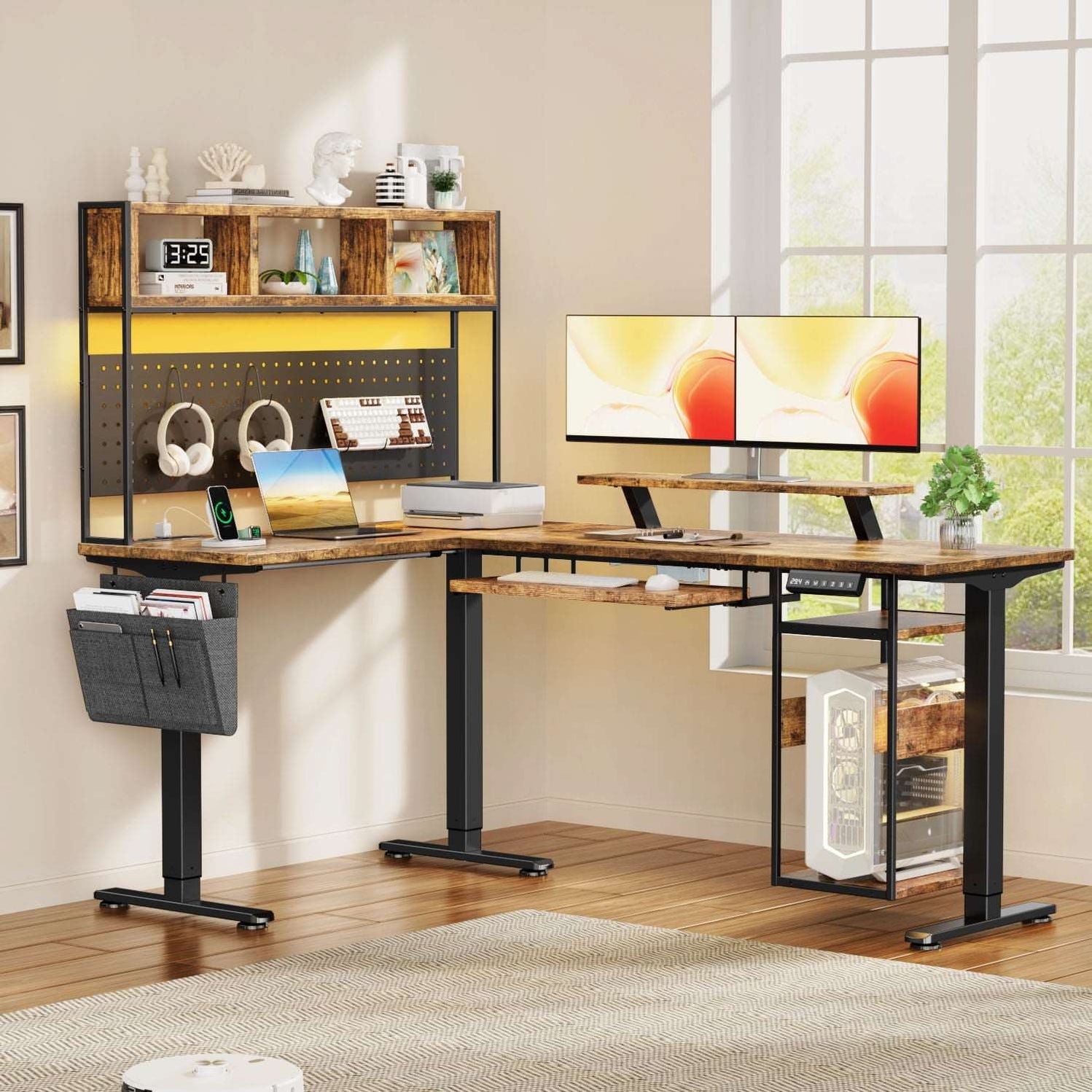 Electric L Shaped Standing Home Office Desk with Storage - Flycity