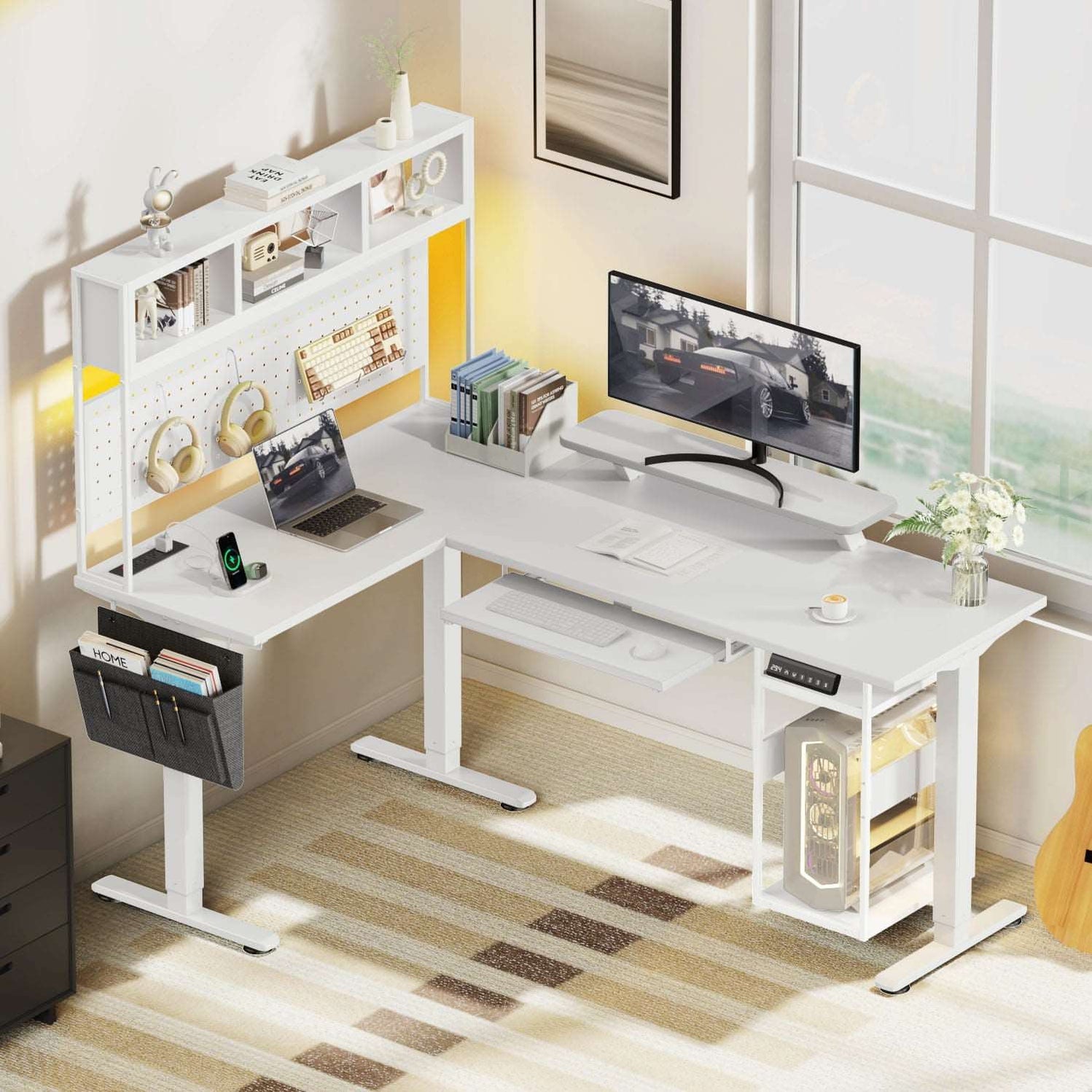 Electric L Shaped Standing Home Office Desk with Storage - Flycity