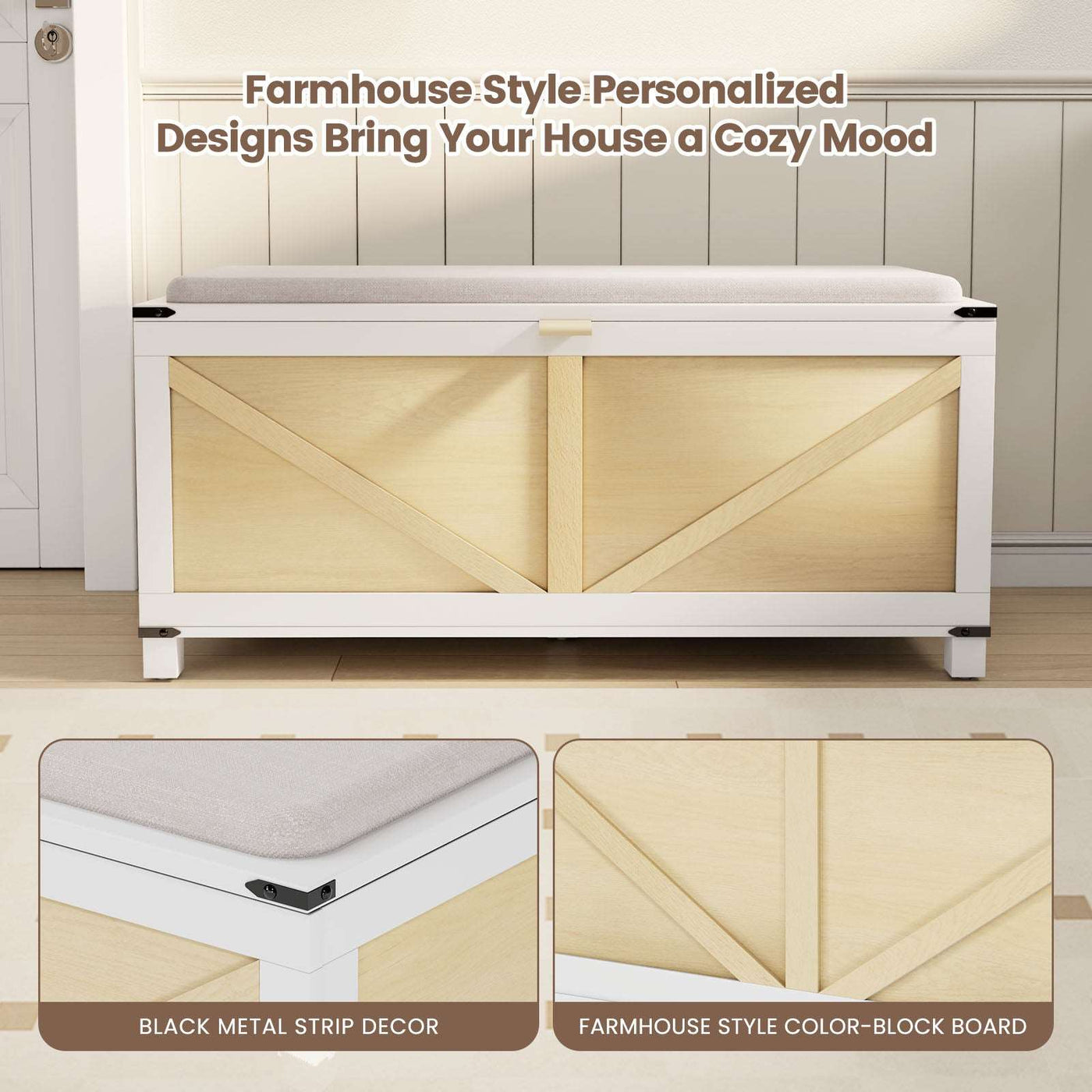 Farmhouse Storage Bench - Bedroom Bench with Storage - Flycity
