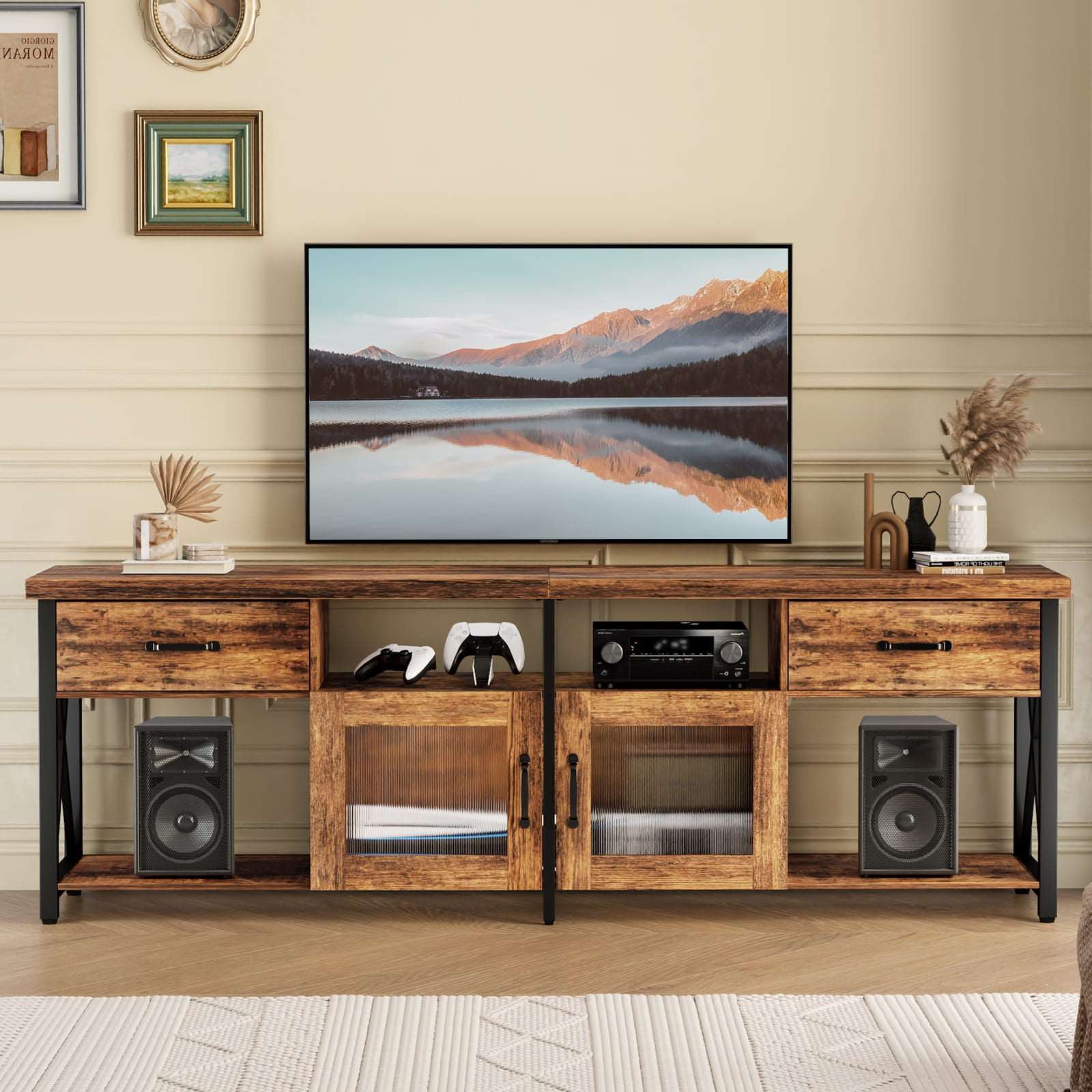Flycity 71 Inches Entertainment Center Industrial TV Stand for 75 80 Inch TV